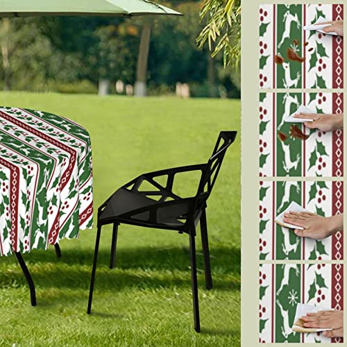 Christmas Pattern round outdoor tablecloth,Round Tablecloth with Umbrella Hole and Zipper for Patio Garden,Waterproof Spill-Proof,for umbrella table Patio Garden(52" Round,Dark Green Burgundy White)