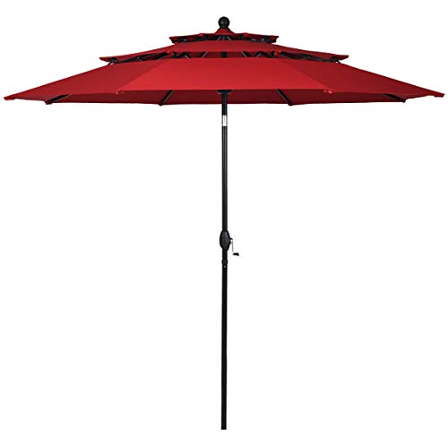 Tangkula 10 Ft 3 Tier Patio Umbrella, Outdoor Umbrella W/Double Vented, Market Table Tilt Umbrella with Crank, Outdoor Aluminum Umbrella for Market, Backyard, Pool, Garden (Burgundy)