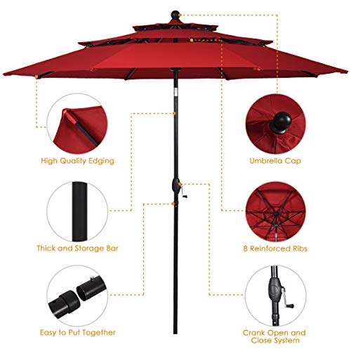 Tangkula 10 Ft 3 Tier Patio Umbrella, Outdoor Umbrella W/Double Vented, Market Table Tilt Umbrella with Crank, Outdoor Aluminum Umbrella for Market, Backyard, Pool, Garden (Burgundy)