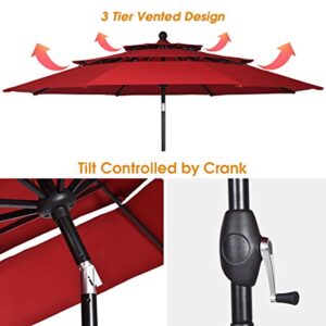 Tangkula 10 Ft 3 Tier Patio Umbrella, Outdoor Umbrella W/Double Vented, Market Table Tilt Umbrella with Crank, Outdoor Aluminum Umbrella for Market, Backyard, Pool, Garden (Burgundy)