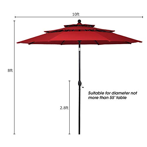 Tangkula 10 Ft 3 Tier Patio Umbrella, Outdoor Umbrella W/Double Vented, Market Table Tilt Umbrella with Crank, Outdoor Aluminum Umbrella for Market, Backyard, Pool, Garden (Burgundy)