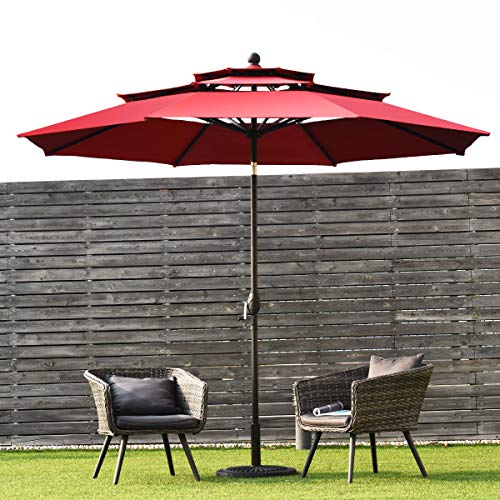 Tangkula 10 Ft 3 Tier Patio Umbrella, Outdoor Umbrella W/Double Vented, Market Table Tilt Umbrella with Crank, Outdoor Aluminum Umbrella for Market, Backyard, Pool, Garden (Burgundy)