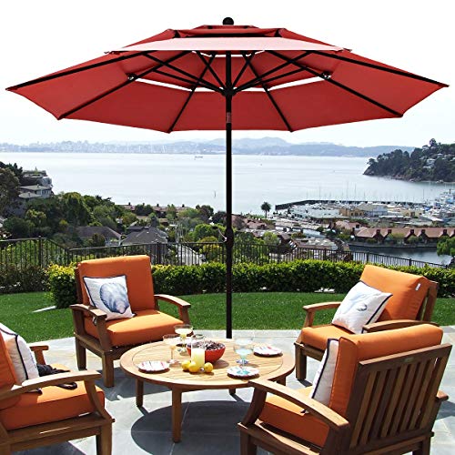 Tangkula 10 Ft 3 Tier Patio Umbrella, Outdoor Umbrella W/Double Vented, Market Table Tilt Umbrella with Crank, Outdoor Aluminum Umbrella for Market, Backyard, Pool, Garden (Burgundy)