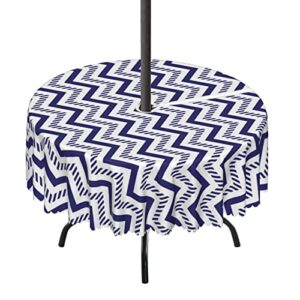 lirduipu chevron pattern round outdoor tablecloth,outdoor round tablecloth with umbrella hole – water resistant spillproof,for patio garden tabletop decor(52″ round,navy blue white)