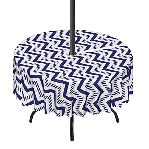 Lirduipu Chevron Pattern Round Outdoor Tablecloth,Outdoor Round Tablecloth with Umbrella Hole - Water Resistant Spillproof,for Patio Garden Tabletop Decor(52" Round,Navy Blue White)