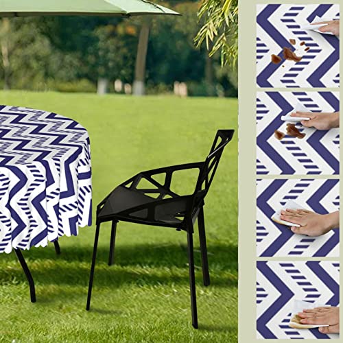 Lirduipu Chevron Pattern Round Outdoor Tablecloth,Outdoor Round Tablecloth with Umbrella Hole - Water Resistant Spillproof,for Patio Garden Tabletop Decor(52" Round,Navy Blue White)