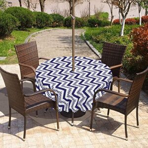 Lirduipu Chevron Pattern Round Outdoor Tablecloth,Outdoor Round Tablecloth with Umbrella Hole - Water Resistant Spillproof,for Patio Garden Tabletop Decor(52" Round,Navy Blue White)