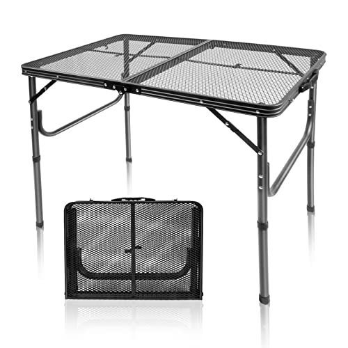 YDY+YQY Folding Metal Grill Table Portable Camping Aluminum Table with Mesh Desktop, Anti-Slip Feet, Height Adjustable, Lightweight Outdoor Table for Garden RV Picnic BBQ Cooking