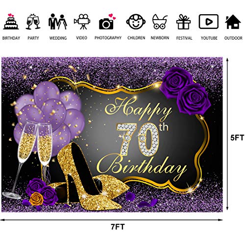 Happy 70th Birthday Backdrops Shining Purple Dots and Gold Frame Photography Background for Party Decorations Rose Floral Balloons Heels Champagne Glass Party Banner Supplies Photo Studio Props 7x5ft