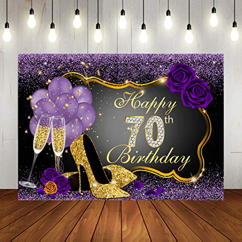 Happy 70th Birthday Backdrops Shining Purple Dots and Gold Frame Photography Background for Party Decorations Rose Floral Balloons Heels Champagne Glass Party Banner Supplies Photo Studio Props 7x5ft