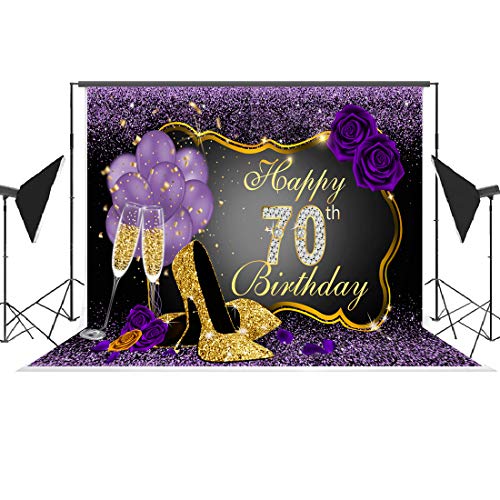 Happy 70th Birthday Backdrops Shining Purple Dots and Gold Frame Photography Background for Party Decorations Rose Floral Balloons Heels Champagne Glass Party Banner Supplies Photo Studio Props 7x5ft