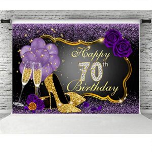 Happy 70th Birthday Backdrops Shining Purple Dots and Gold Frame Photography Background for Party Decorations Rose Floral Balloons Heels Champagne Glass Party Banner Supplies Photo Studio Props 7x5ft