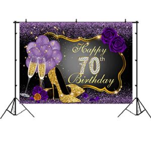 Happy 70th Birthday Backdrops Shining Purple Dots and Gold Frame Photography Background for Party Decorations Rose Floral Balloons Heels Champagne Glass Party Banner Supplies Photo Studio Props 7x5ft