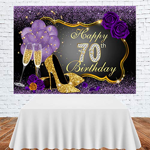 Happy 70th Birthday Backdrops Shining Purple Dots and Gold Frame Photography Background for Party Decorations Rose Floral Balloons Heels Champagne Glass Party Banner Supplies Photo Studio Props 7x5ft