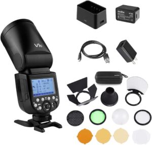 godox v1c camera flash speedlite speedlight round head compatible with canon eos series 1500d 3000d 5d mark lll 5d mark ll for wedding portrait studio photography + godox ak-r1 pocket flash light acce