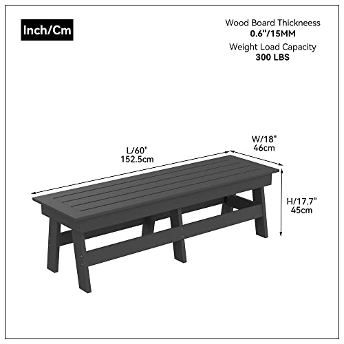 kevinplus 59'' Outdoor Bench White Garden Park Patio Outdoor, Weather Resistant and Waterproof Wooden Bench for Patio Deck Backyard Garden Balcony Porch Lawn, W60 x D18 x H17.7, Dark Grey