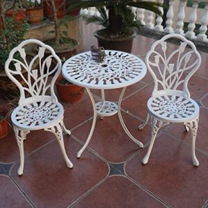 KAI LI Patio Bistro Sets 3 Piece cast Aluminum Patio Furniture Outdoor Garden Metal Rust Proof Tables and Chairs White bisrto Set (Tulips-White)