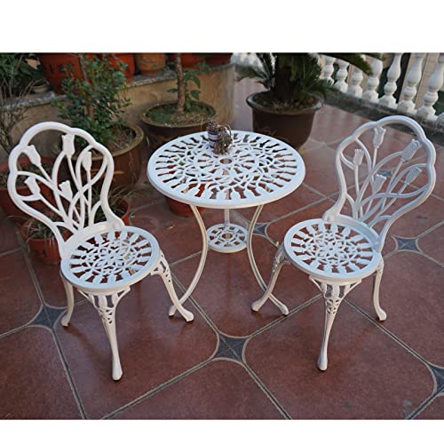 KAI LI Patio Bistro Sets 3 Piece cast Aluminum Patio Furniture Outdoor Garden Metal Rust Proof Tables and Chairs White bisrto Set (Tulips-White)