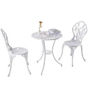 KAI LI Patio Bistro Sets 3 Piece cast Aluminum Patio Furniture Outdoor Garden Metal Rust Proof Tables and Chairs White bisrto Set (Tulips-White)