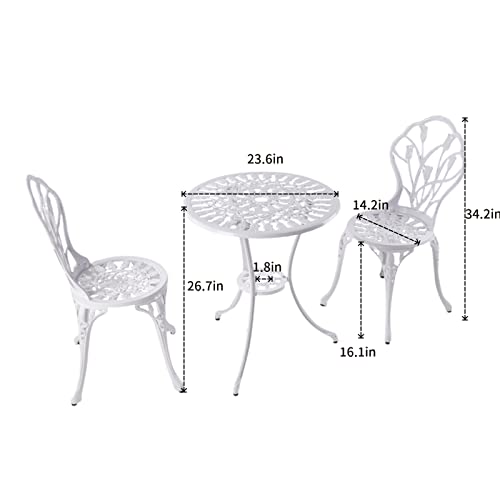 KAI LI Patio Bistro Sets 3 Piece cast Aluminum Patio Furniture Outdoor Garden Metal Rust Proof Tables and Chairs White bisrto Set (Tulips-White)