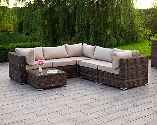 SUSIE'S GARDEN Wicker Patio Furniture Conversation Set No Assembly Outdoor Sectional Sofa Aluminum Brown Couch Modern Deck Rattan Furniture (6pcs Conversation Set)