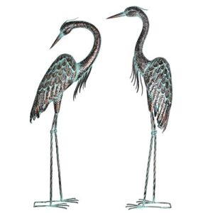 kircust garden crane statues, standing metal patina heron decoy outdoor statue, 42-46 inch bird yard art for patio lawn pond, set of 2