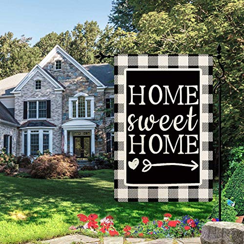 Coskaka Home Decorative Welcome Home Sweet Home Garden Flag Buffalo Plaid Check Outdoor Black and White Burlap Spring Summer Outside Farmhouse Holiday Flag 12.5 x 18"