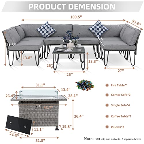 UDPATIO 8 Piece Outdoor Patio Furniture Sets with Gas Fire Pit Table Propane 44 Inch Glass Top, Grey Outdoor Sectional Couch Wicker Patio Conversation Set PE Rattan Sofa w/Table for Garden Grey