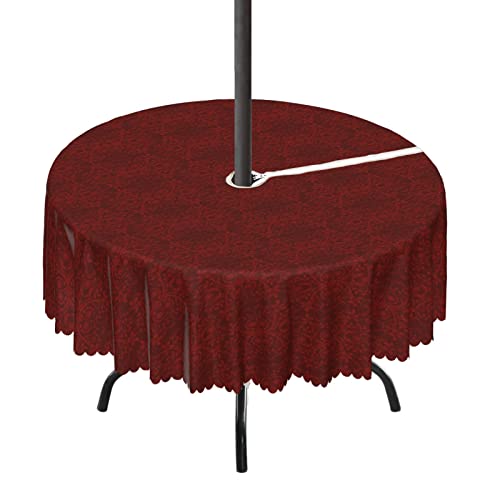 Lirduipu Burgundy Pattern Round Outdoor Tablecloth,Stain-Resistant Non-Slip Outdoor Round Tablecloth with Umbrella Hole and Zipper,for Umbrella Table Patio Garden(52" Round,Burgundy Red)