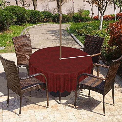 Lirduipu Burgundy Pattern Round Outdoor Tablecloth,Stain-Resistant Non-Slip Outdoor Round Tablecloth with Umbrella Hole and Zipper,for Umbrella Table Patio Garden(52" Round,Burgundy Red)