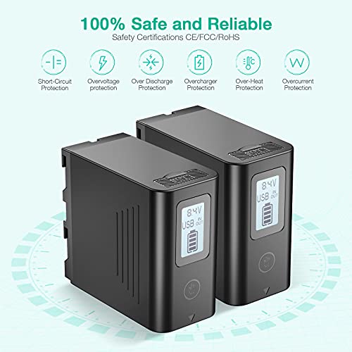 FirstPower NP-F970 Battery 2-Pack with USB Output LCD Display, Compatible with Sony Handycam Video Light Monitor, Replacement for Sony NP F980 F970 F975 F960 F950 F930 F750 F550 Battery