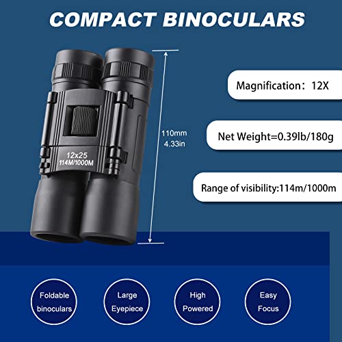 Anourney 12x25 Compact Binoculars, High Powered Easy Focus Binoculars, Portable Large Eyepiece Binocular for Adults Kids Bird Watching,Opera Concert, Travel, Hiking, Outdoor Scenery, Football Game