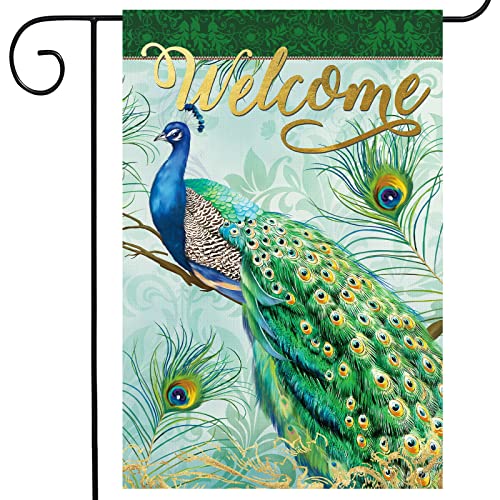 wondever Welcome Peacock Garden Flag 12×18 Double Sided Vertical Burlap Peacock Blue Feathers Yard Flags for Farmhouse Yard Holiday Celebration Outdoor Flags Decor