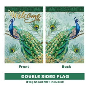 wondever Welcome Peacock Garden Flag 12×18 Double Sided Vertical Burlap Peacock Blue Feathers Yard Flags for Farmhouse Yard Holiday Celebration Outdoor Flags Decor