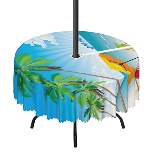 Lirduipu Beach Chair Pattern Round Outdoor Tablecloth,Round Table Cloth Washable Water Resistance Tablecloth with Umbrella Hole Zippered,for Umbrella Table Patio Garden(52" Round,Multicolor)