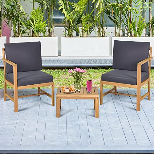 XXXDXDP 3 PCS Patio Table Chairs Set Solid Wood Thick Cushion Sectional Garden Furniture