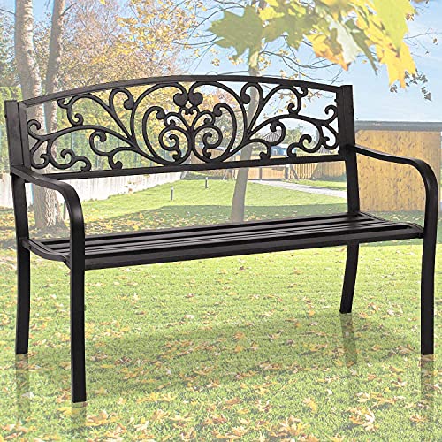 Meet perfect Outdoor Bench Garden Bench Patio Bench Wrought Iron Bench Front Porch Bench Park Bench Outdoor Furniture Steel Frame Benches Clearance, 50 Inch Black