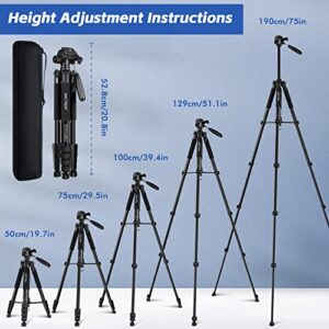 MACTREM 75 Inch Camera Tripod for Sony Canon Nikon, Lightweight Travel Video Aluminum Tripod Stand with Cell Phone Mount for DSLR/SLR