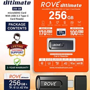 ROVE Ultimate Micro SD Card microSDXC 256GB Memory Card with USB 3.2 Type C Card Reader 170MB/s C10, U3, V30, 4K, A2 for Dash Cam, Android Smart Phones, Tablets, Games