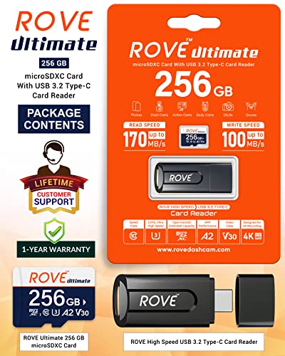 ROVE Ultimate Micro SD Card microSDXC 256GB Memory Card with USB 3.2 Type C Card Reader 170MB/s C10, U3, V30, 4K, A2 for Dash Cam, Android Smart Phones, Tablets, Games