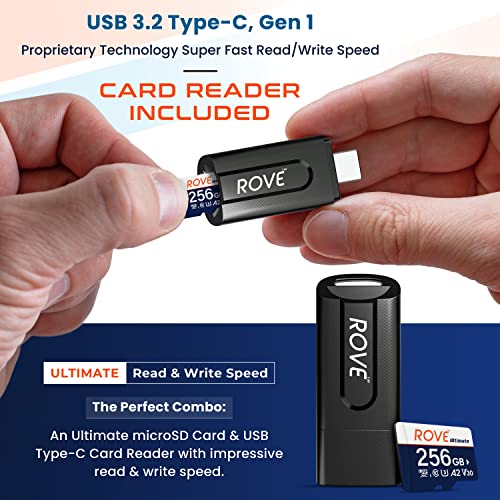 ROVE Ultimate Micro SD Card microSDXC 256GB Memory Card with USB 3.2 Type C Card Reader 170MB/s C10, U3, V30, 4K, A2 for Dash Cam, Android Smart Phones, Tablets, Games