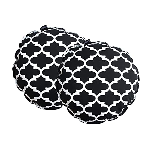 BOSSIMA Outdoor/Indoor All Weather Decorative Round Pillows Set of 2 (Black/White Flower)