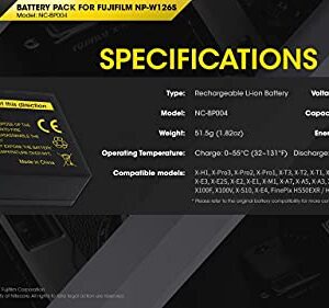 Nitecore NC-BP004 Camera Battery Compatible Fujifilm NP-W126S Compatible with Fujifilm X-Pro3 X-Pro2 X-Pro1 X-T3 X-T2 X-T1 X-T100 X-T10 X-T20 X-T30 X-a7 X-a5 X-a3 X-a2 X-a1