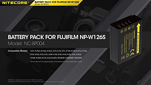 Nitecore NC-BP004 Camera Battery Compatible Fujifilm NP-W126S Compatible with Fujifilm X-Pro3 X-Pro2 X-Pro1 X-T3 X-T2 X-T1 X-T100 X-T10 X-T20 X-T30 X-a7 X-a5 X-a3 X-a2 X-a1