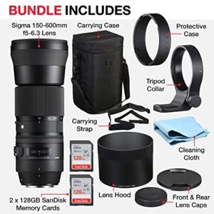 Sigma 150-600mm Canon Zoom Telephoto Lens F/5-6.3 DG OS HSM Bundle with Sigma Lens for Canon, Front and Rear Caps, Lens Hood, Lens Case, 2X 128GB SanDisk Memory Cards (7 Items) - Sigma 150 600 Lens