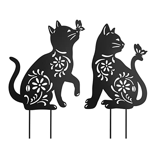 Cat Metal Garden Stakes, Outdoor Decorative Stakes, Garden Metal Animal Statues, Silhouette Animal Stakes, Animal Lawn Stakes Set of 2