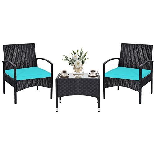 RELAX4LIFE 3-Piece Patio Furniture Set - Rattan Conversation Set, Wicker Bistro Set W/ 2 Chairs, Glass Table, Steel Frame, Outdoor Chairs Set for Yard, Balcony, Front Porch Furniture(Turquoise)