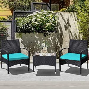 RELAX4LIFE 3-Piece Patio Furniture Set - Rattan Conversation Set, Wicker Bistro Set W/ 2 Chairs, Glass Table, Steel Frame, Outdoor Chairs Set for Yard, Balcony, Front Porch Furniture(Turquoise)