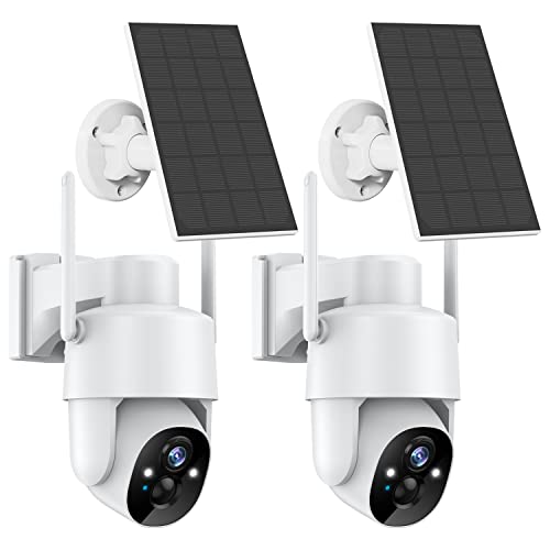 Solar Security Cameras Wireless Outdoor, Pan-Tilt 2K Outdoor Camera Wireless, 3MP Color Night Vision, 2-Way Talk, Motion Detection, Spotlight/Siren, Cloud/SD WiFi 360°PTZ Battery Powered Camera 2-Pack