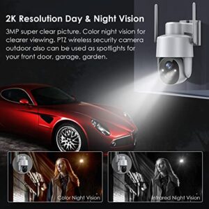 Solar Security Cameras Wireless Outdoor, Pan-Tilt 2K Outdoor Camera Wireless, 3MP Color Night Vision, 2-Way Talk, Motion Detection, Spotlight/Siren, Cloud/SD WiFi 360°PTZ Battery Powered Camera 2-Pack